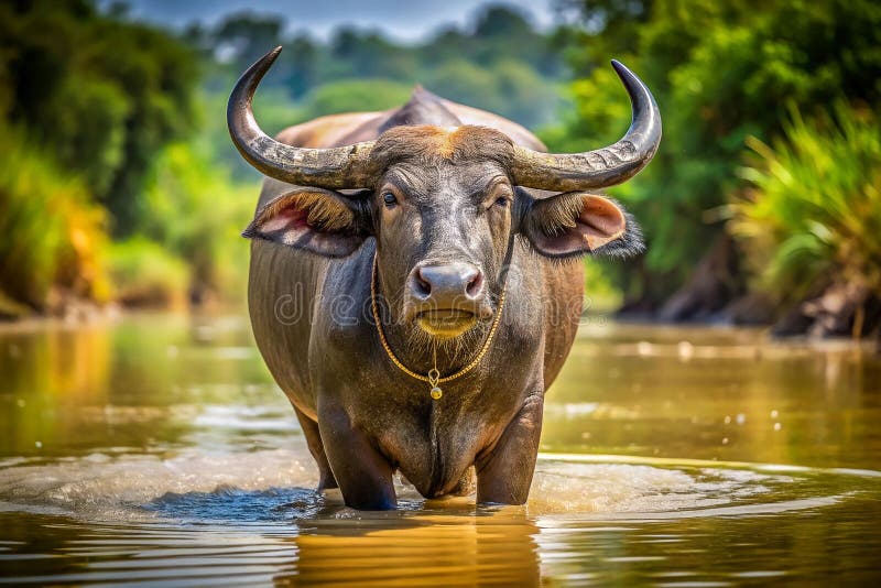 Water Buffalo in River, Lush Forest Background Stock Illustration ...