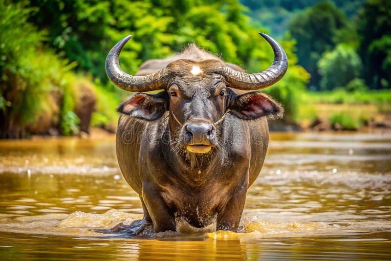 Water Buffalo in River, Lush Forest Background Stock Illustration ...