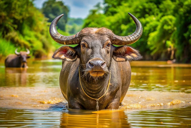 Water Buffalo in River, Tropical Background Stock Illustration ...