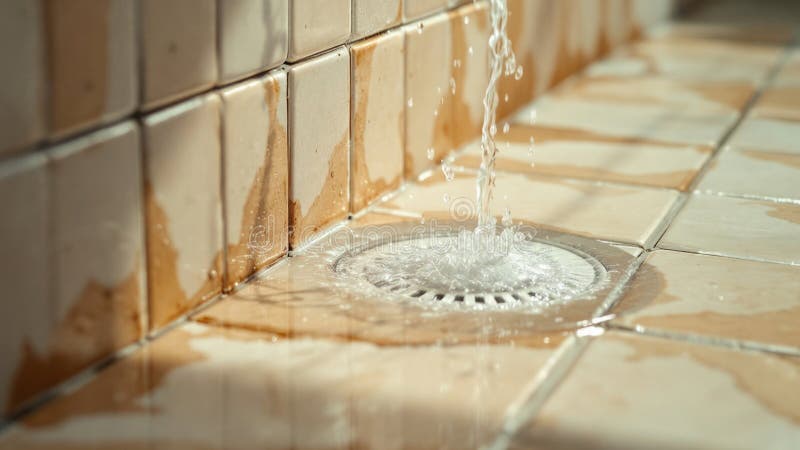 Water Cascading into Floor Drain on Wet Tiled Surface in Sunny Bathroom ...