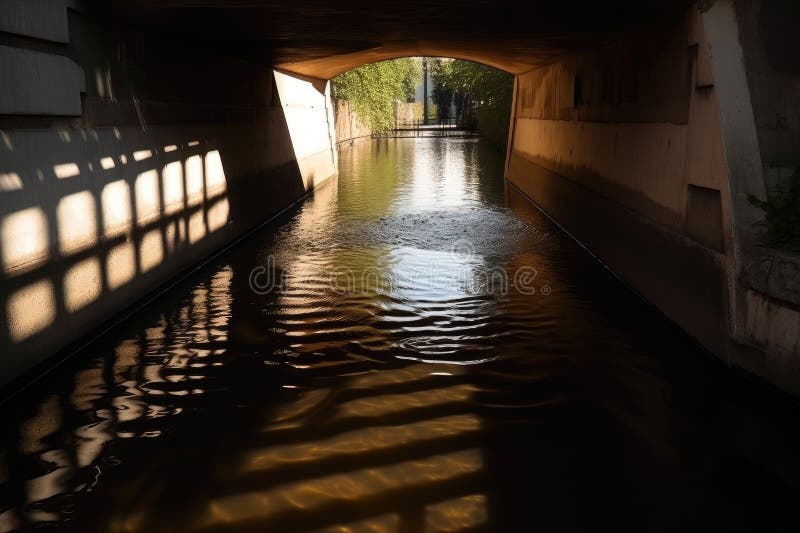 Water Channel with Bridge and Light and Shadow on the Water Surface ...
