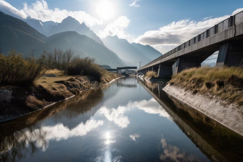 Water Channel with Bridge and Reflection of the Sky, Against a Backdrop ...