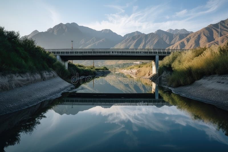 Water Channel with Bridge and Reflection of the Sky, Against a Backdrop ...