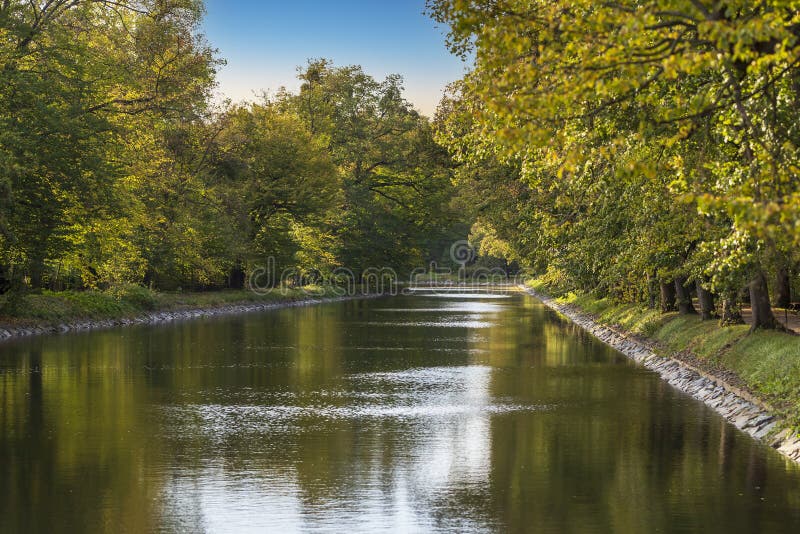 Water Channel Lined with Trees. in the Background is a Blue Sky Stock ...