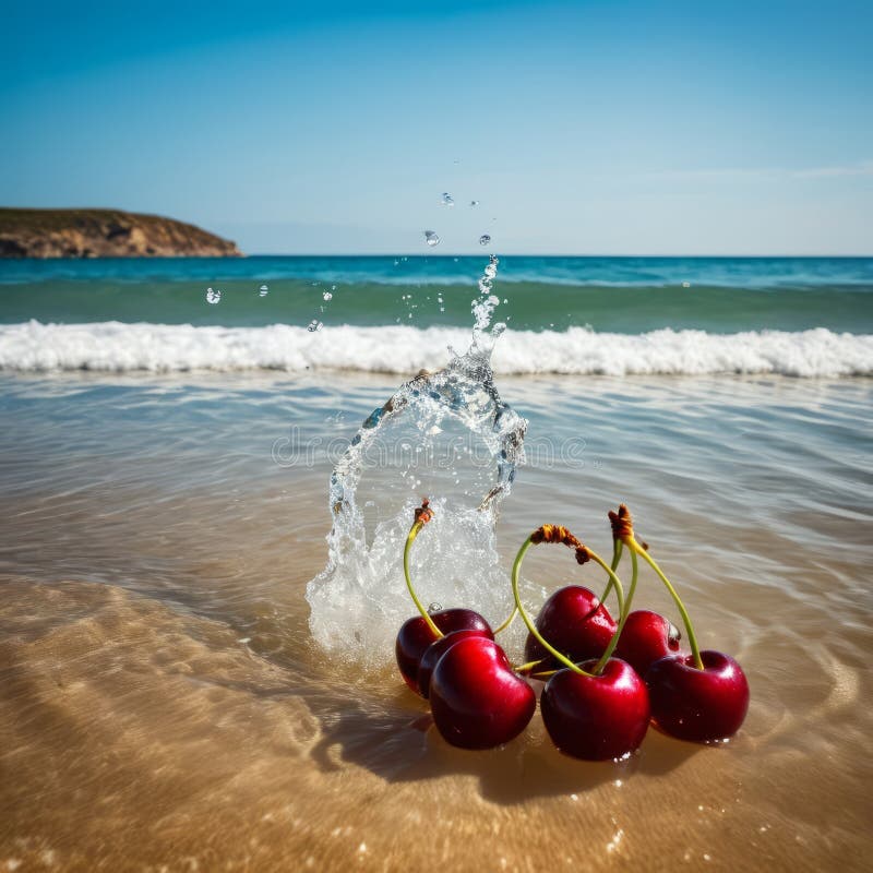 Splash Water Cherries Mid-splash with a Blurred Beach Scene in the ...