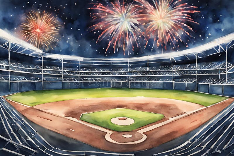 Water Color Empty Baseball Field, Fireworks, Night, No People Stock ...