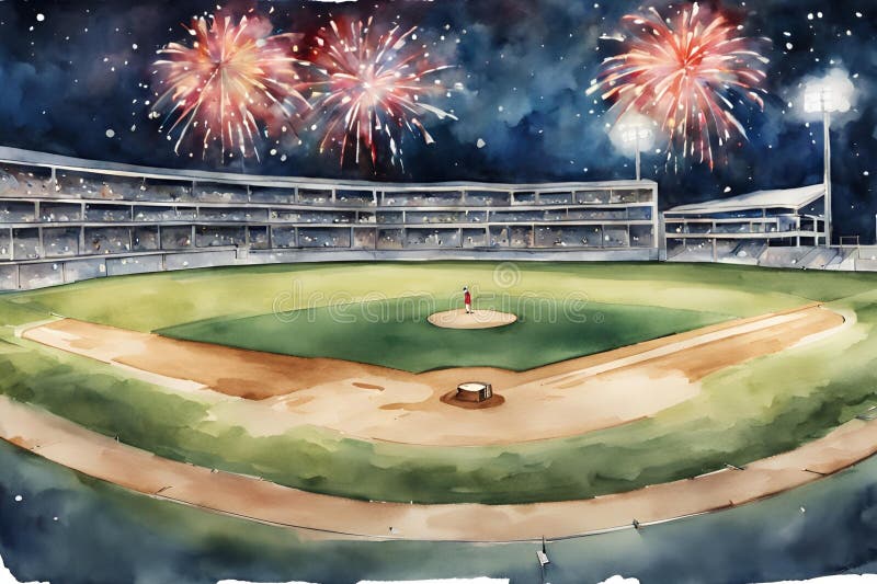 Water Color Empty Baseball Field, Fireworks, Night, No People Stock ...