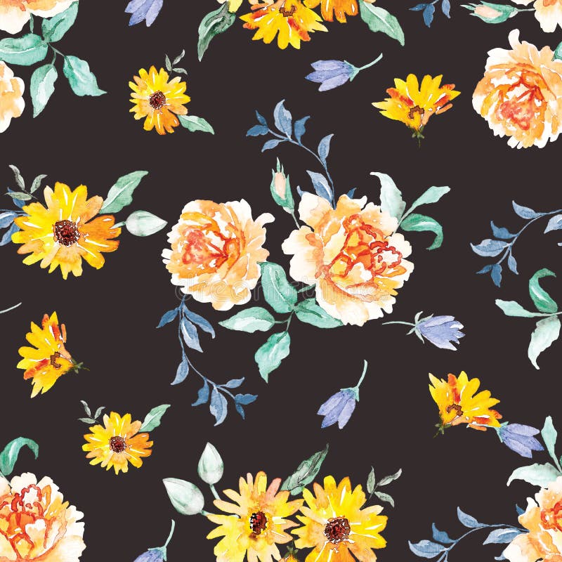 Water Color Floral Seamless Patten Design on Dark Background Stock ...