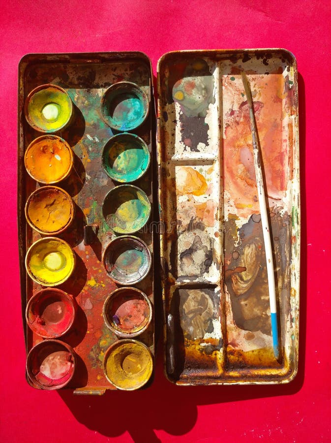 Water Colors Old Artistic Palette on Red Background Stock Photo - Image ...
