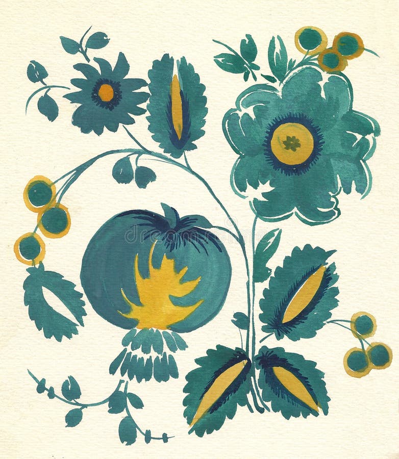 Water-colour Russian Flower Pattern Stock Illustration - Illustration ...