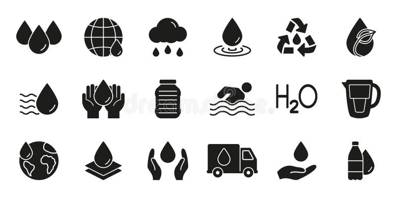 Water Conservation and Sustainability Solid Icon Set. Hydration ...