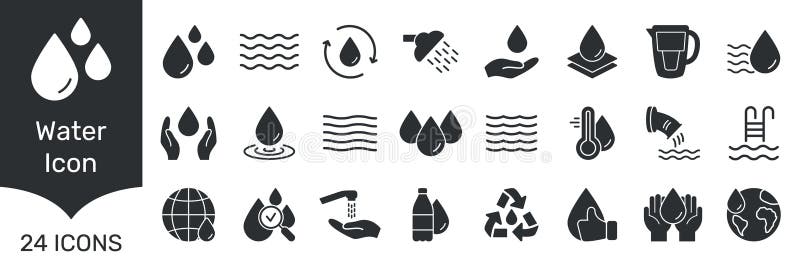 Water Conservation and Usage Solid Icon Set. Hydration, Recycling, and ...