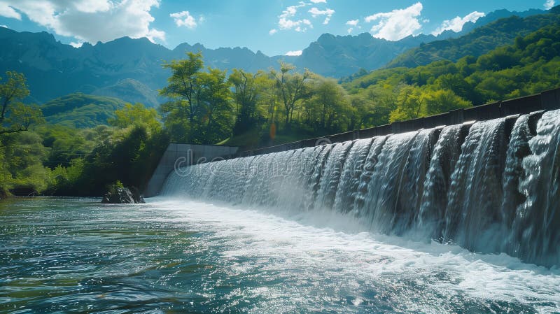 Water Dam with Water Flowing Over the Walls, Capturing an Energy ...