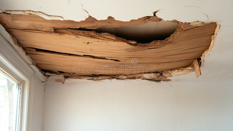 Ceiling Damage Reveals Exposed Wood in a Residential Room Due To Water ...