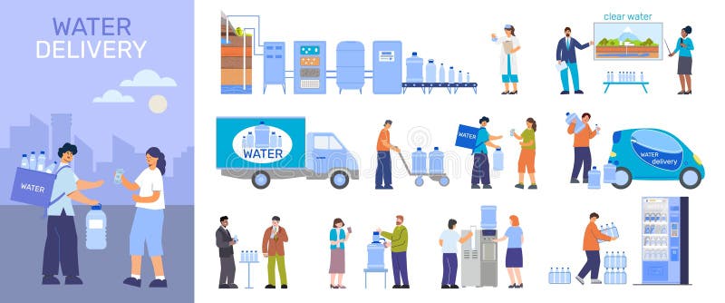 Water Delivery Service. Vector Character with Delivery Cart with ...