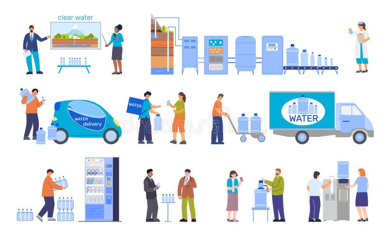 Water Delivery Service. Vector Character with Delivery Cart with ...