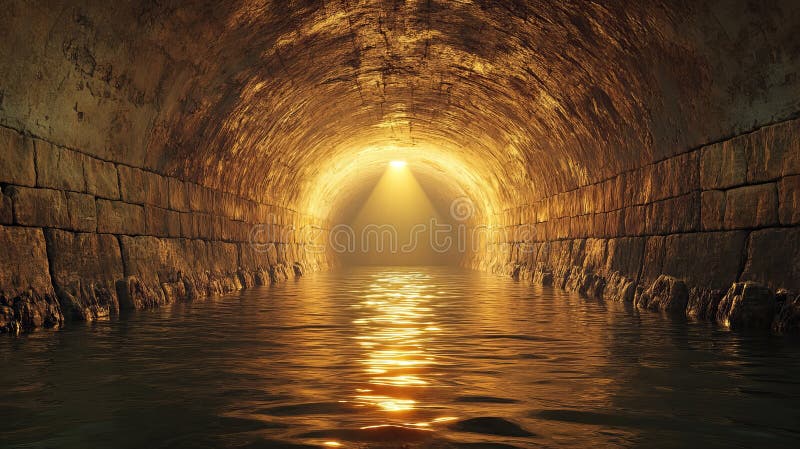 Water in a Dimly Lit Underground Tunnel Reflects the Faint Light Stock ...