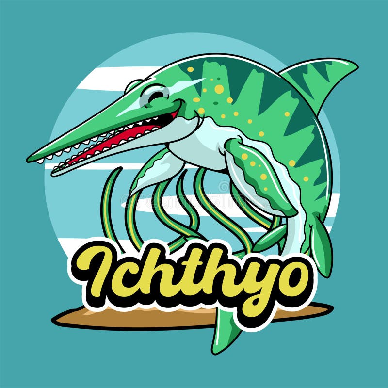 Cheerful Illustration of a Grinning Marine Reptile Named Ichthyosaurus Swimming Above the Ocean ...