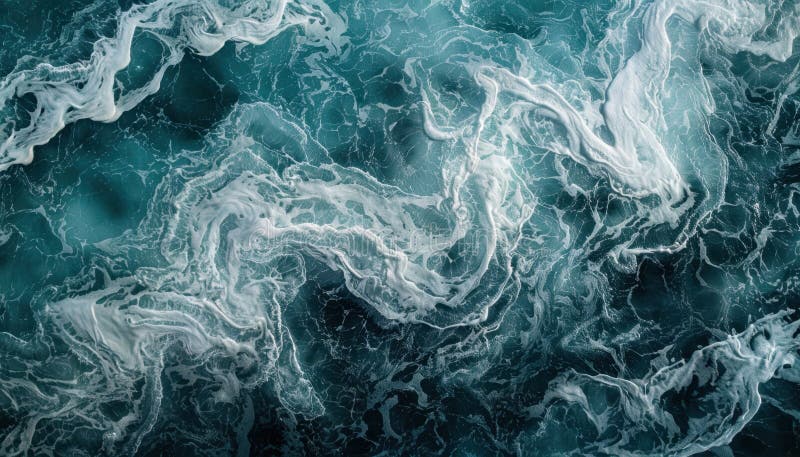 Swirling Ocean Currents with Foamy Trails Captured from Above during ...
