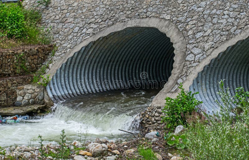 Water Drains through Pipes, Under a Bridge Stock Photo - Image of ...