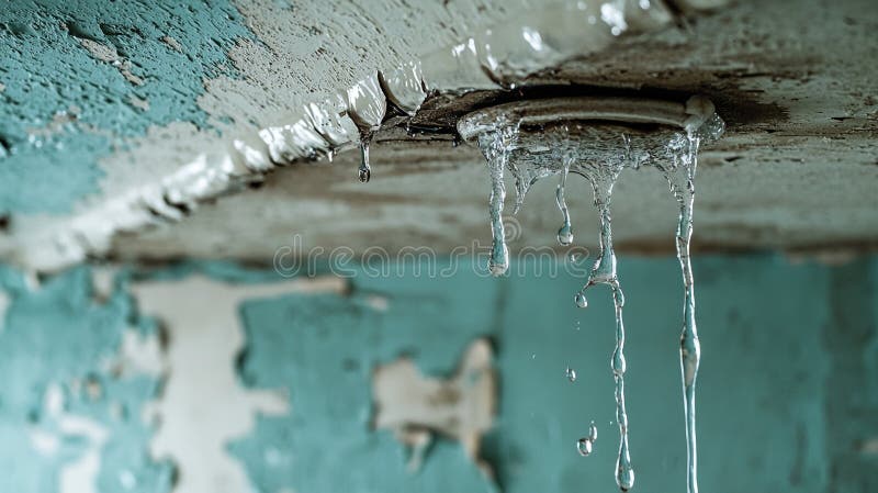 Water Droplets Fall from a Damaged Ceiling in an Abandoned Room ...