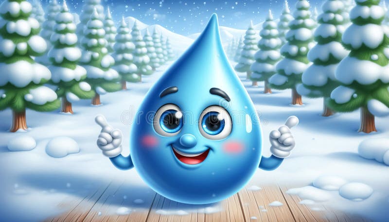 Water Drop Cartoon in Snowy Landscape. World Water Day Stock ...