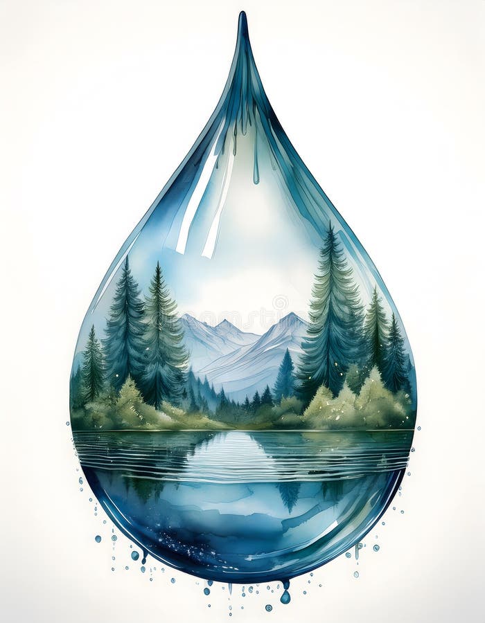 Water Drop Containing a Landscape with Mountains, Trees, and a Lake ...