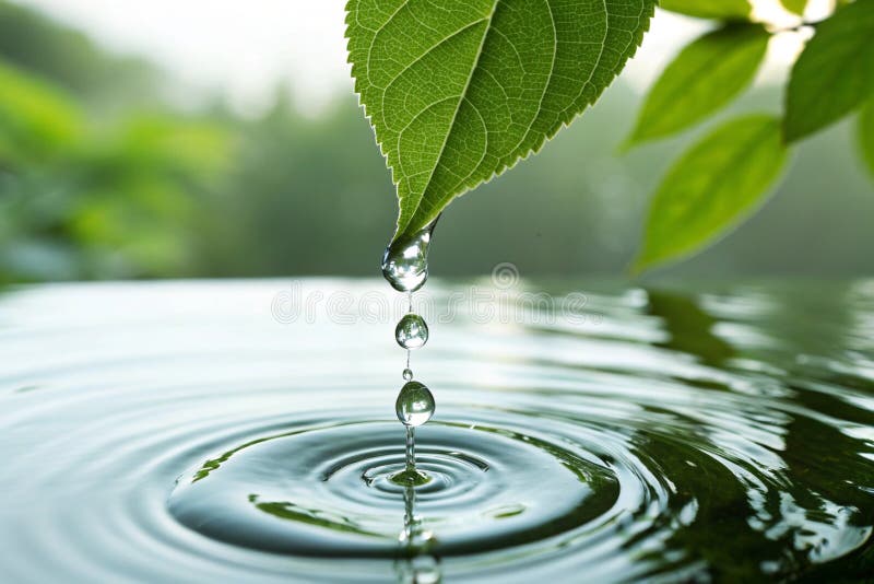 Water Drop Fall from Green Leaf with Ripple on Water Surface Stock ...