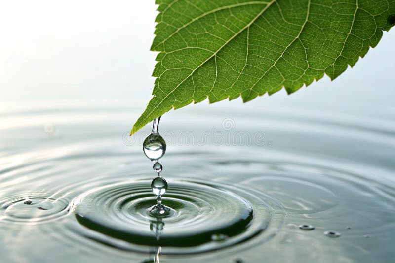 Water Drop Fall from Green Leaf with Ripple on Water Surface Stock ...