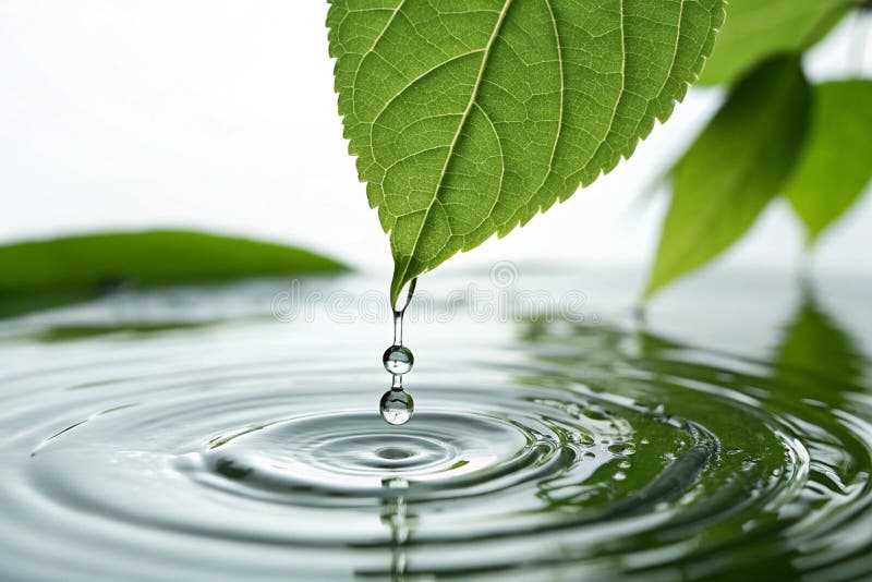 Water Drop Fall from Green Leaf with Ripple on Water Surface Stock ...