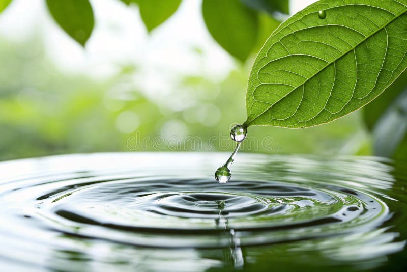 Water Drop Fall from Green Leaf with Ripple on Water Surface Stock ...