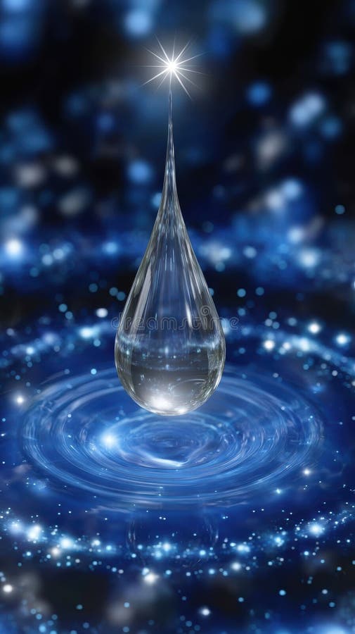 Water Drop Falling into Blue Liquid Creating Ripples with Starburst on ...