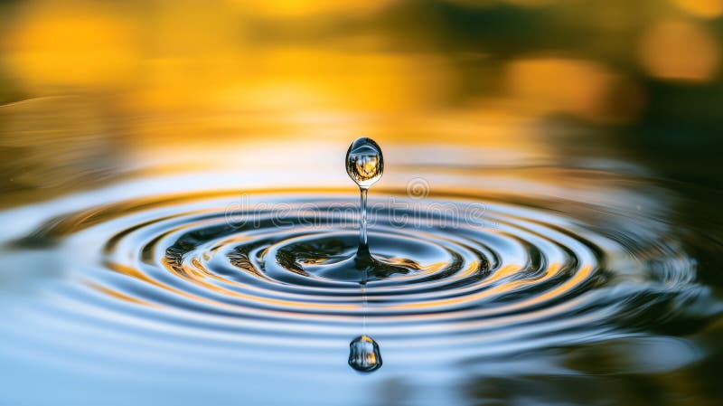 Water Drop Falling Creating Concentric Ripples Golden Background Stock ...