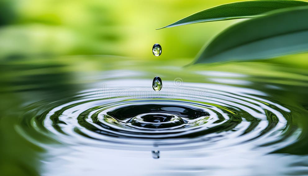 Water Drop Falling from Green Leaf with Dew into Water Outdoors ...