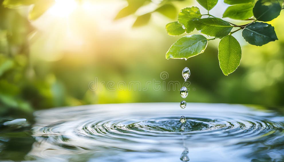 Water Drop Falling from Green Leaf with Dew into Water Outdoors ...