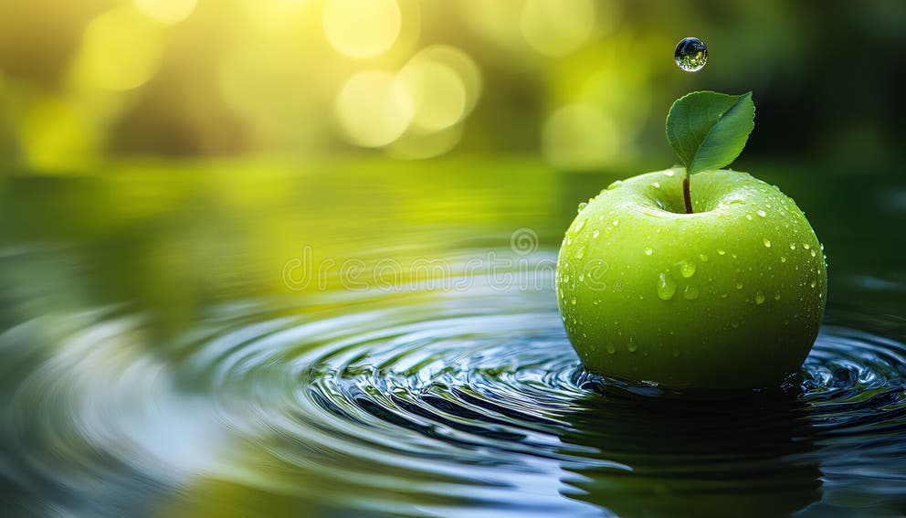 Water Drop Falling from Green Leaf with Dew into Water Outdoors ...