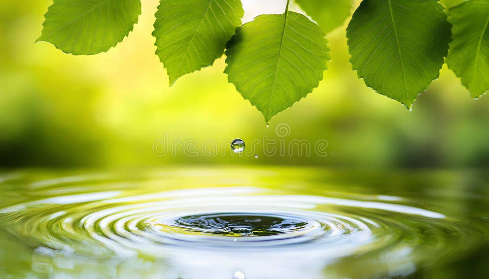 Water Drop Falling from Green Leaf with Dew into Water Outdoors ...