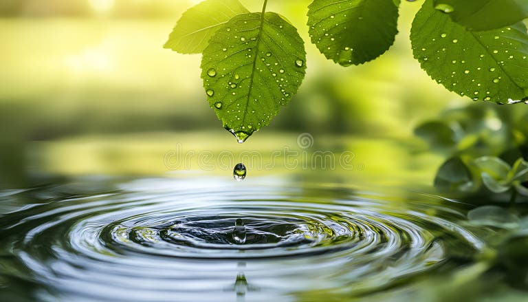 Water Drop Falling from Green Leaf with Dew into Water Outdoors ...