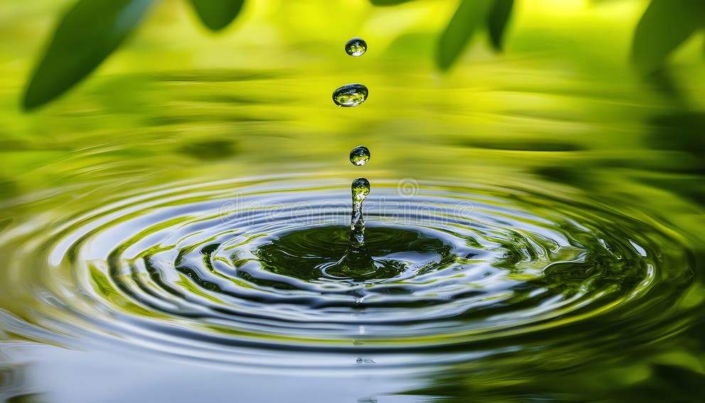 Water Drop Falling from Green Leaf with Dew into Water Outdoors ...