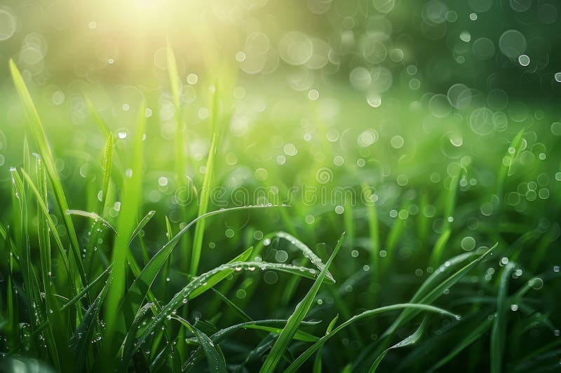 Water Drop on Grass and Sunshine Morning. Drops of Water on the Grass ...