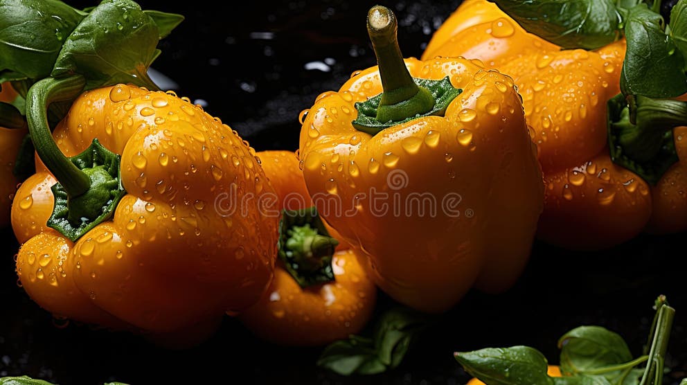 Water Drop on Group of Yellow Bell Peppers Background Selective Focus ...