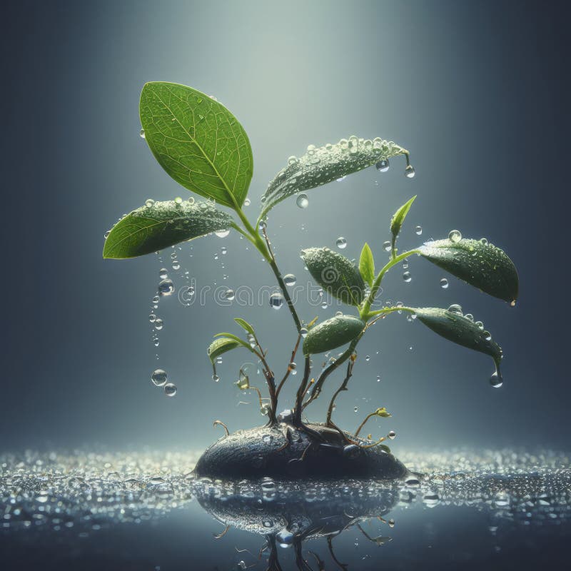 Water Drop and Growing Leave Stem from it on Solid Water Background. Ai ...