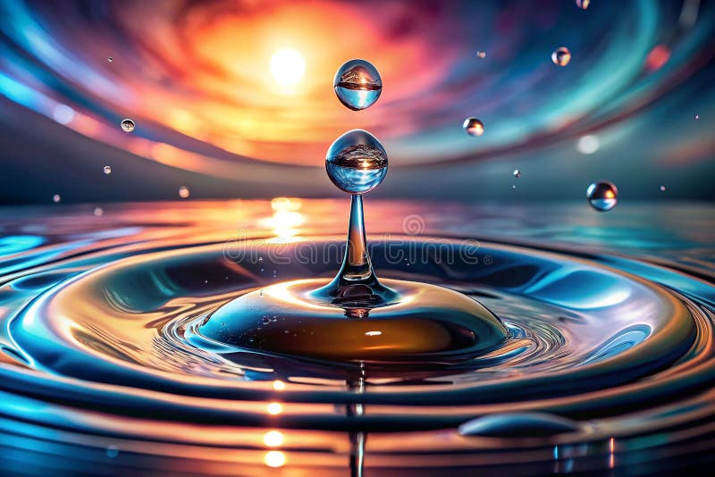 Water Drop Impact, Colorful Sunset, Ripples, Reflection Stock ...