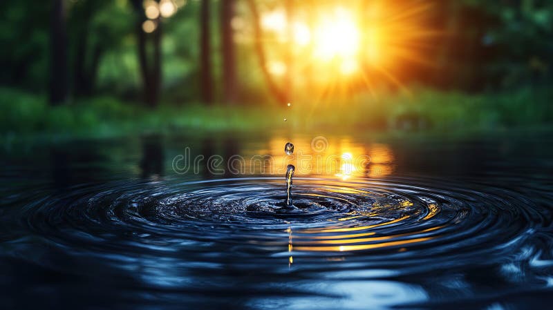Water Drop Impact, Ripples on Still Pond, Forest Sunset Background ...