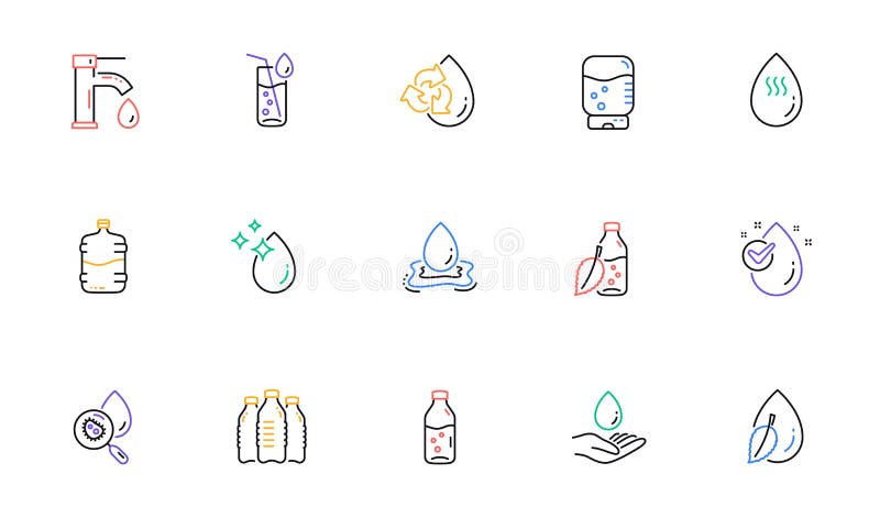 Water Drop Line Icons. Bottle, Antibacterial Filter and Tap Water ...