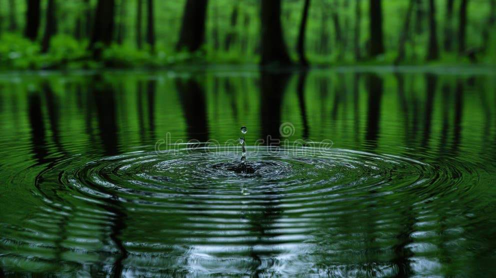 Water Drop Ripples in a Dark Green Forest Reflection Stock Photo ...