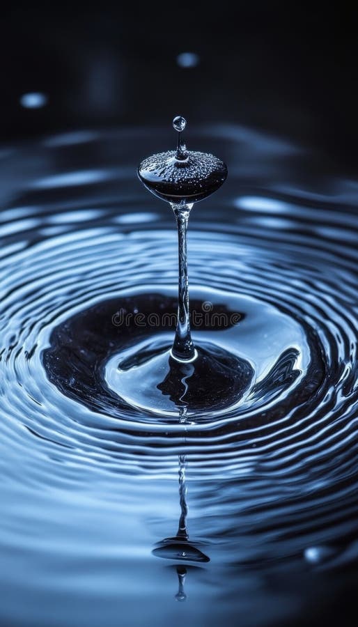 Water Drop Splash, Creating Circular Ripples and Reflections on a Blue ...