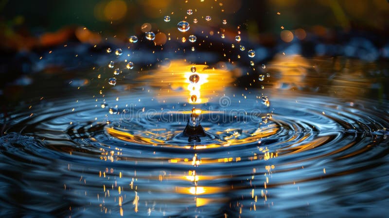 Water Drop Splash with Golden Sunset Reflections, Close-up. Nature and ...