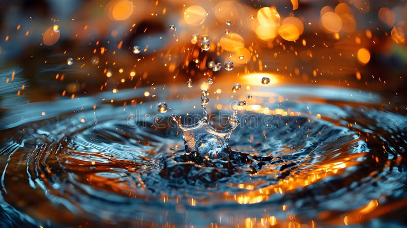 Water Drop Splash with Ripples and Orange Bokeh Lights Stock ...