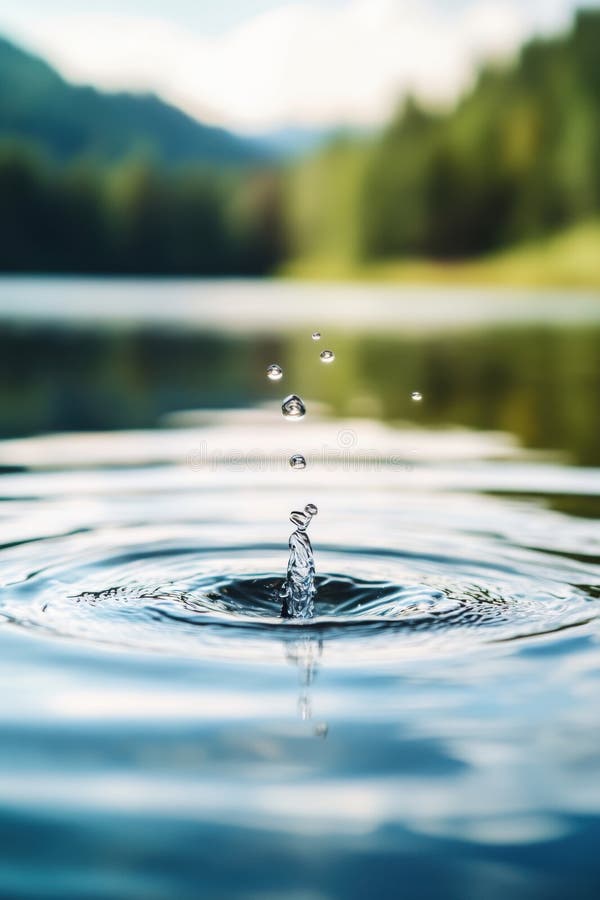 Water Drop Splash on Tranquil Lake with Nature Reflections in ...